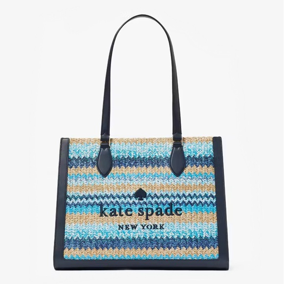 kate spade | Bags | Kate Spade Ellie Stripe Straw Large Tote Blue Multi ...